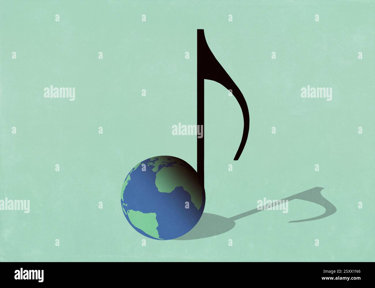 Globe musical note on green background Stock Photo - Alamy