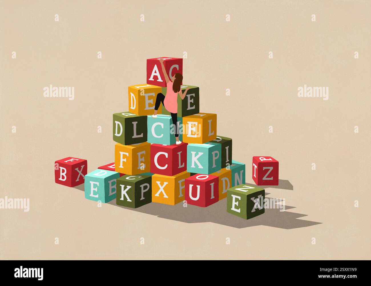 Woman climbing stack of alphabet blocks Stock Photo - Alamy