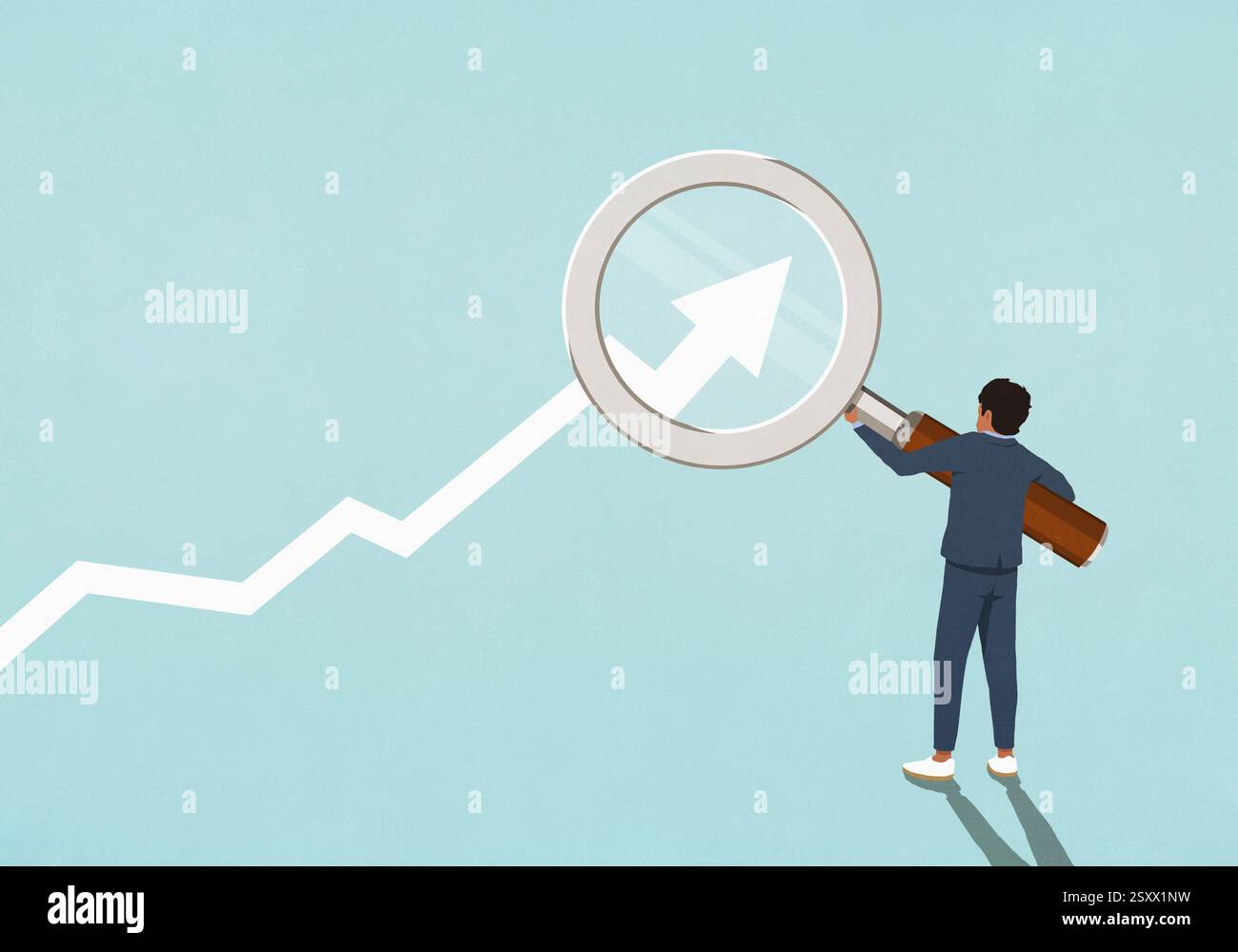 Businessman holding magnifying glass over ascending chart arrow Stock ...