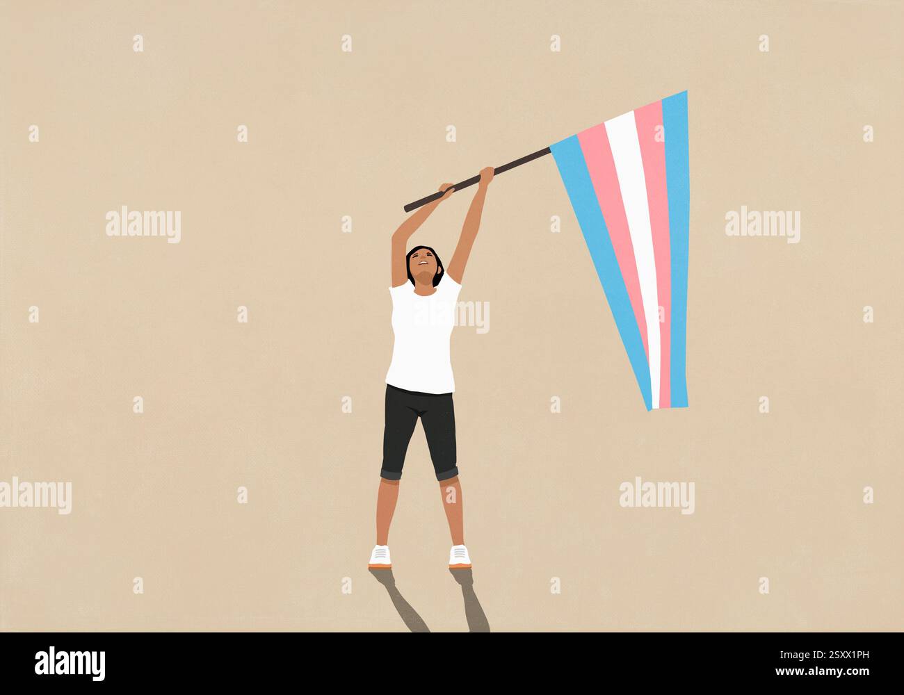 Woman waving pink, blue, and white striped Transgender Pride flag and ...