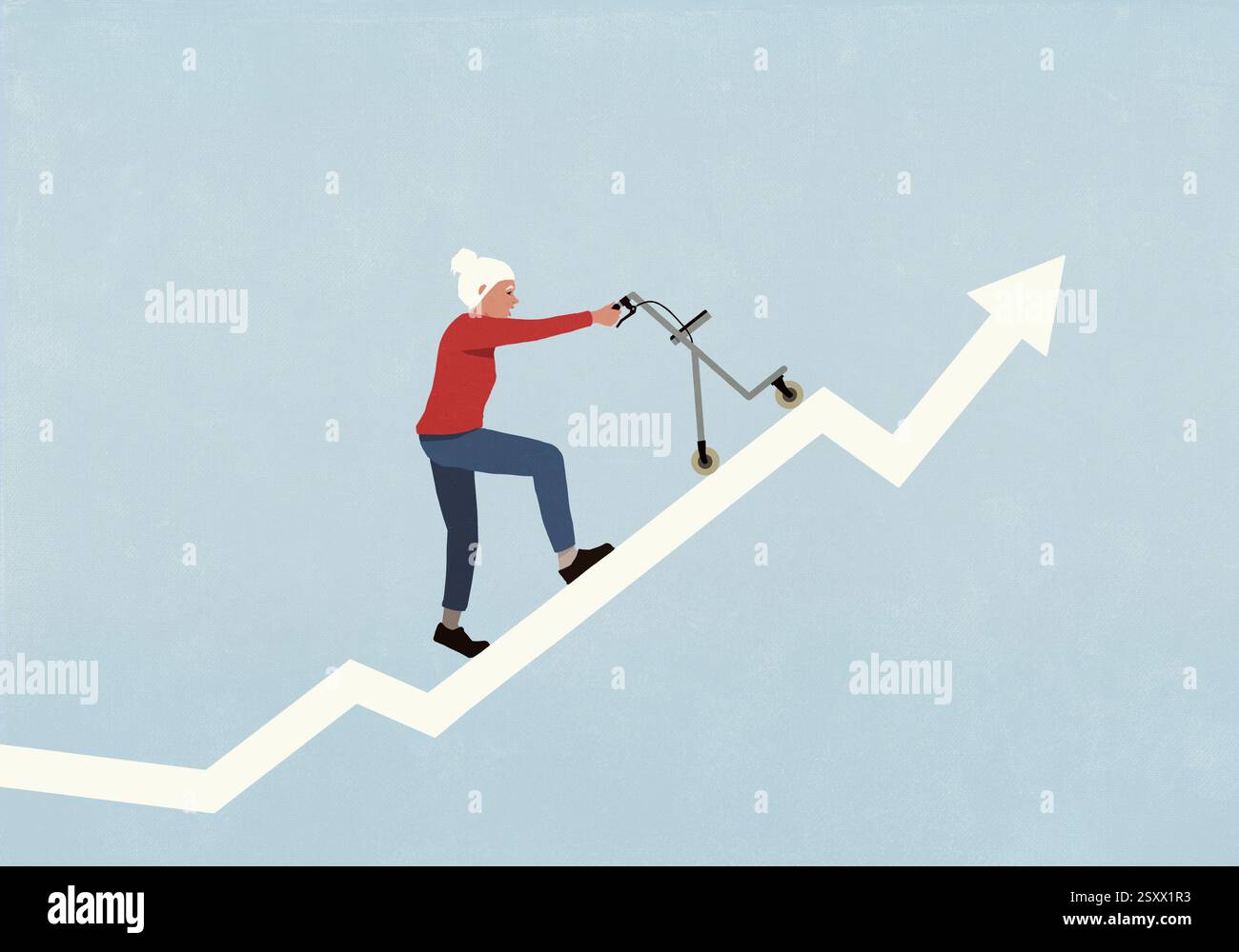 Senior woman with walker climbing ascending chart arrow Stock Photo - Alamy