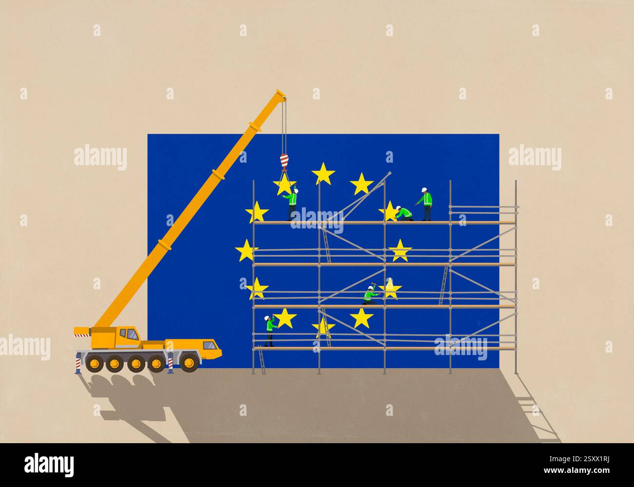 Crane and construction workers on scaffolding assembling European Union ...