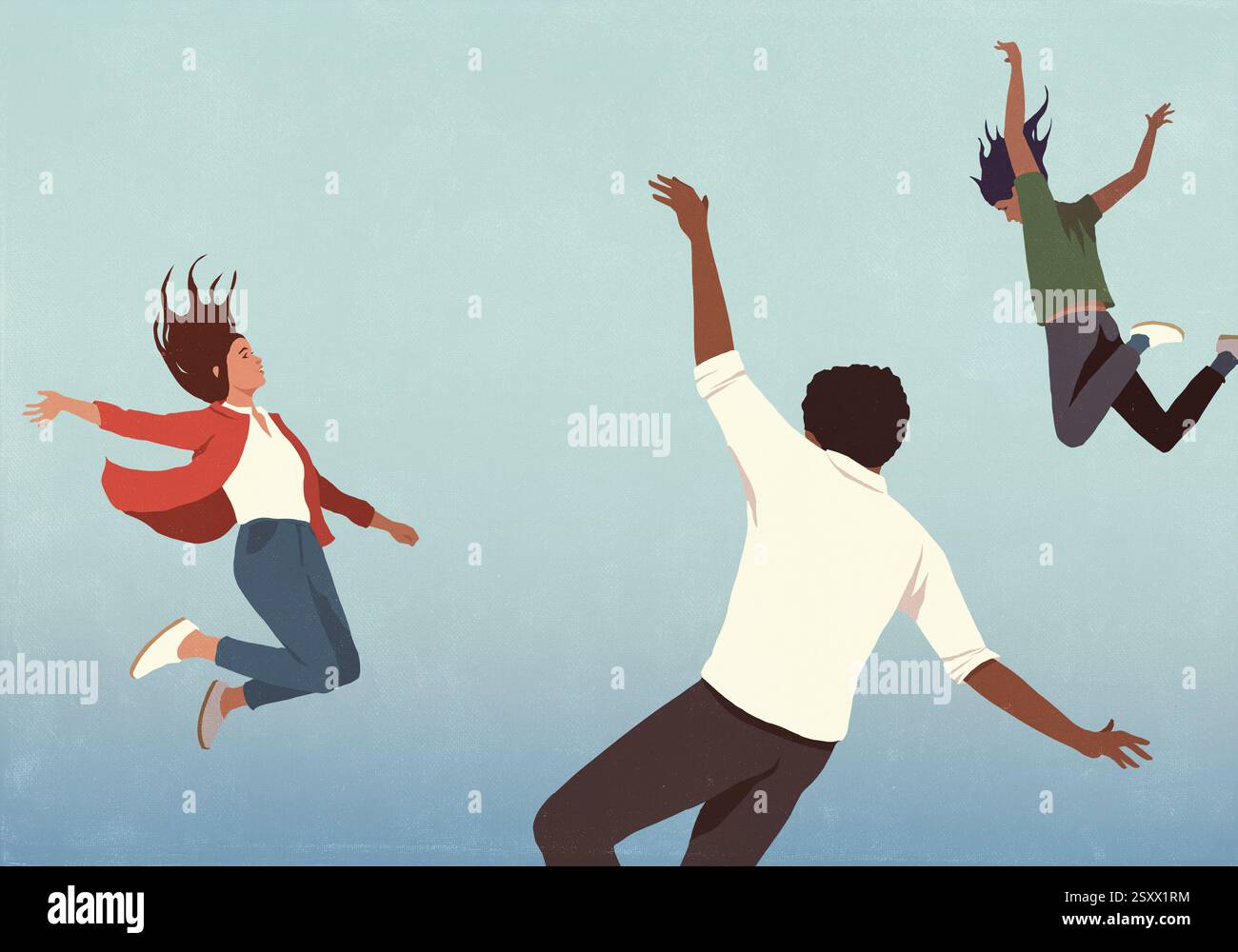 People with arms outstretched free falling on blue background Stock ...