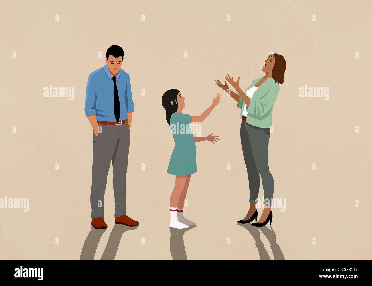Dejected father standing next to wife and daughter arguing Stock Photo ...