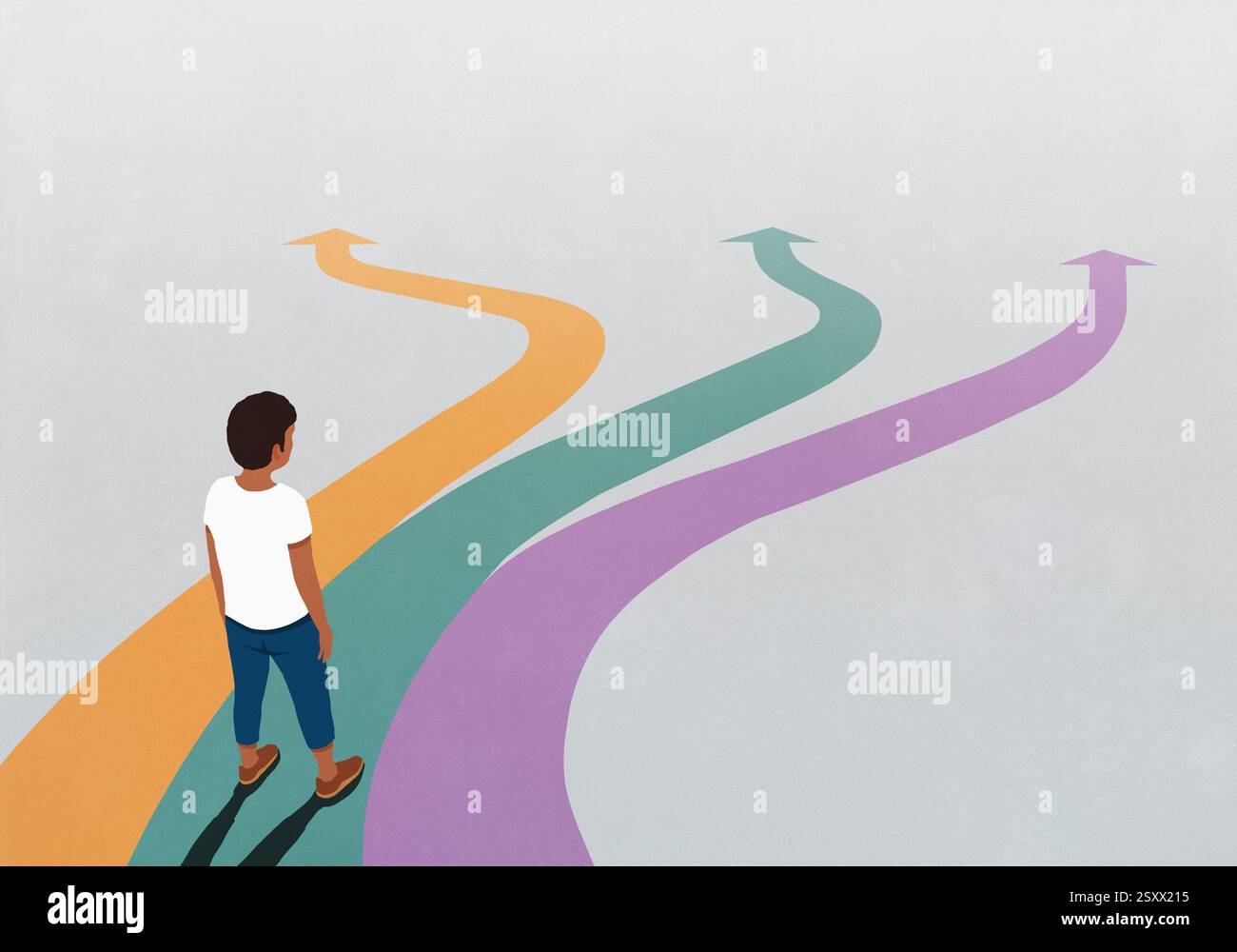 Man looking down at three multicolored arrow paths spreading before him ...