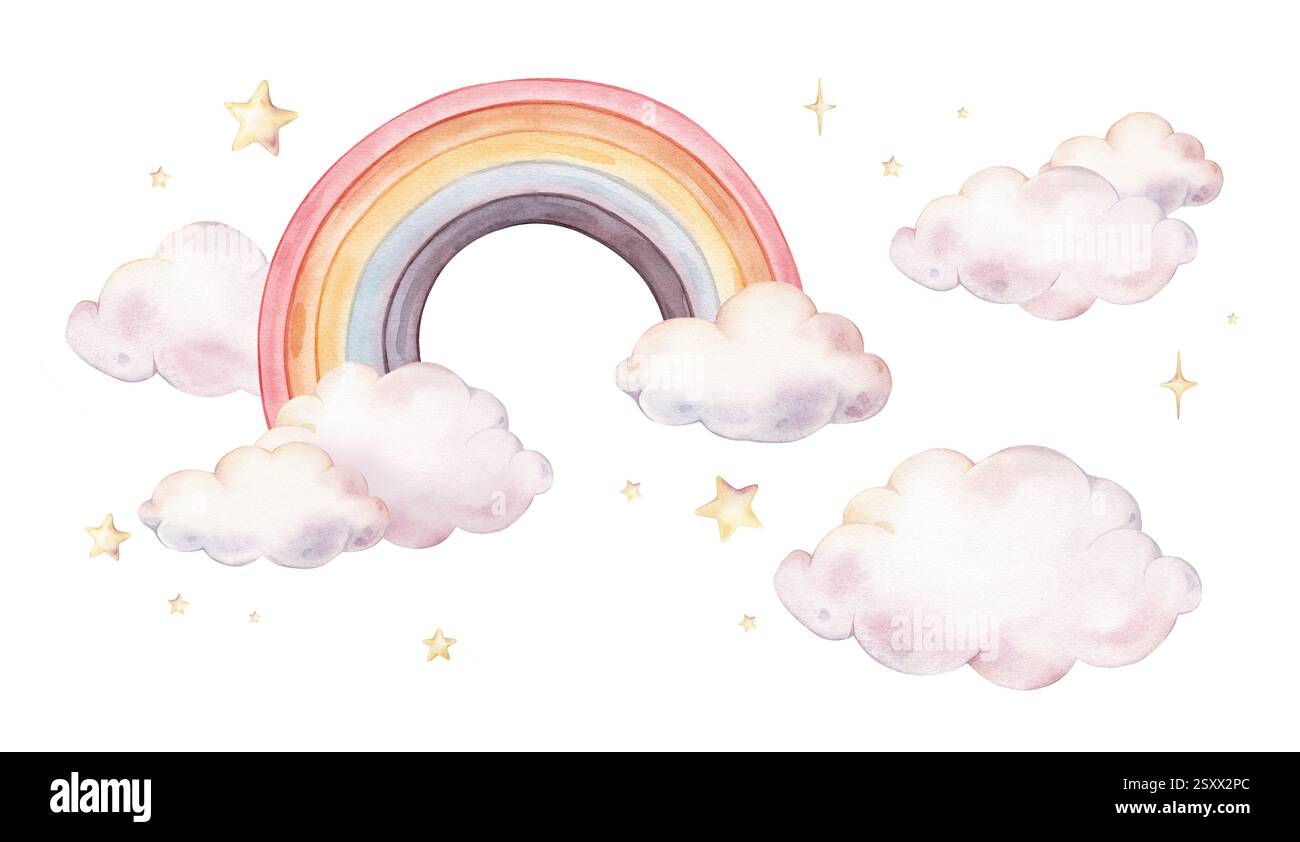 Hand drawn watercolor illustration of the stars and clouds for Baby ...
