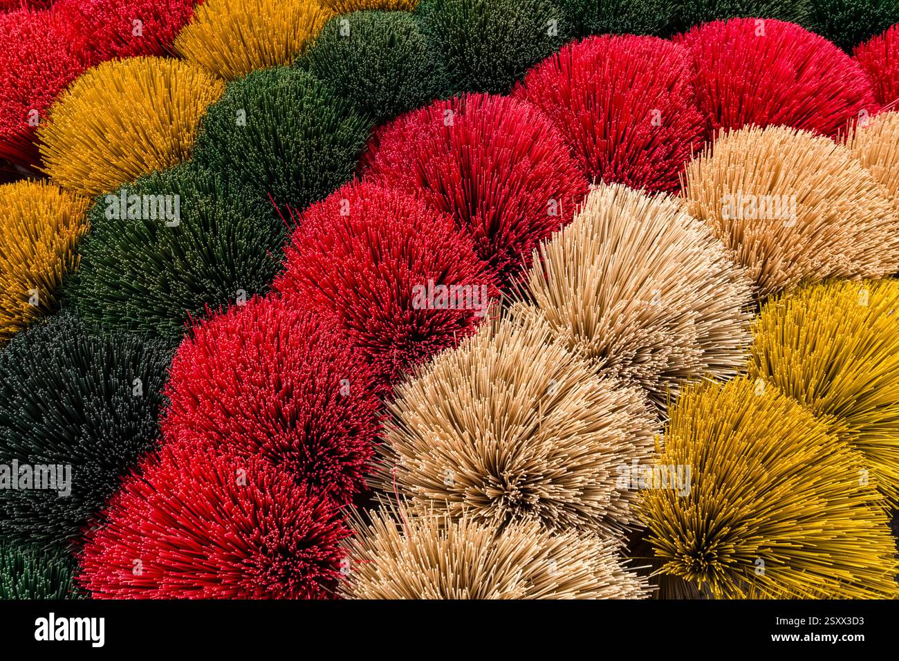 Dyed thin bamboo sticks in bundles in various colours for the ...