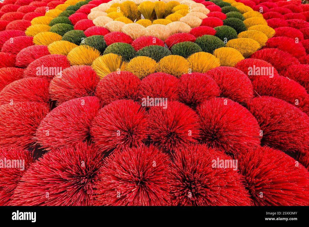 Dyed thin bamboo sticks in bundles in various colours for the ...