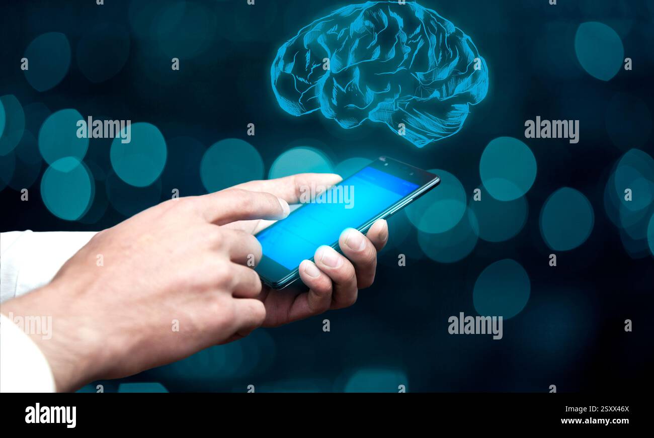 businessman hand phone with brain in screen Stock Photo - Alamy