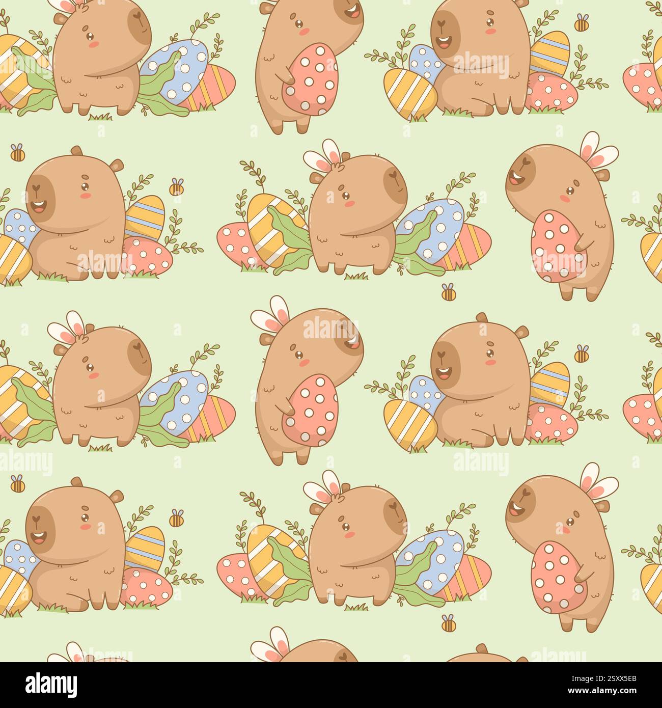 Easter Seamless pattern. Cute paschal Capybara with decorative Eggs on ...