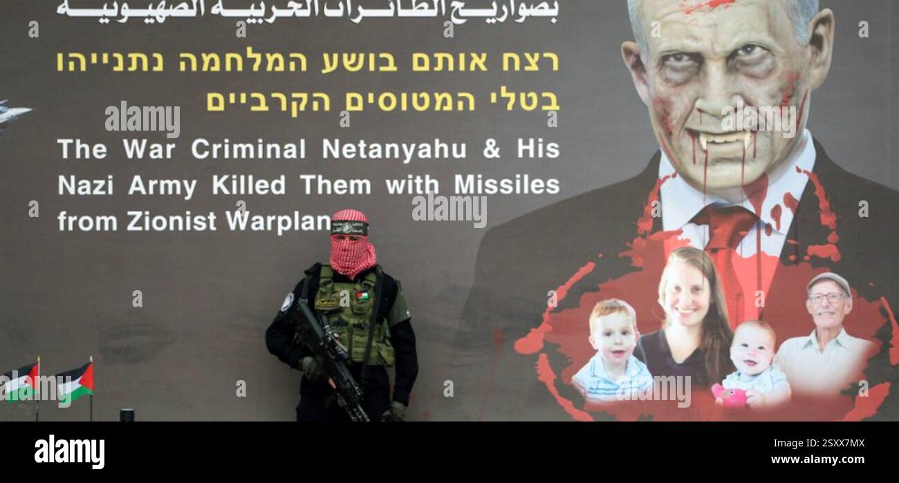 HAMAS propaganda banner during Israeli hostage releases in February ...