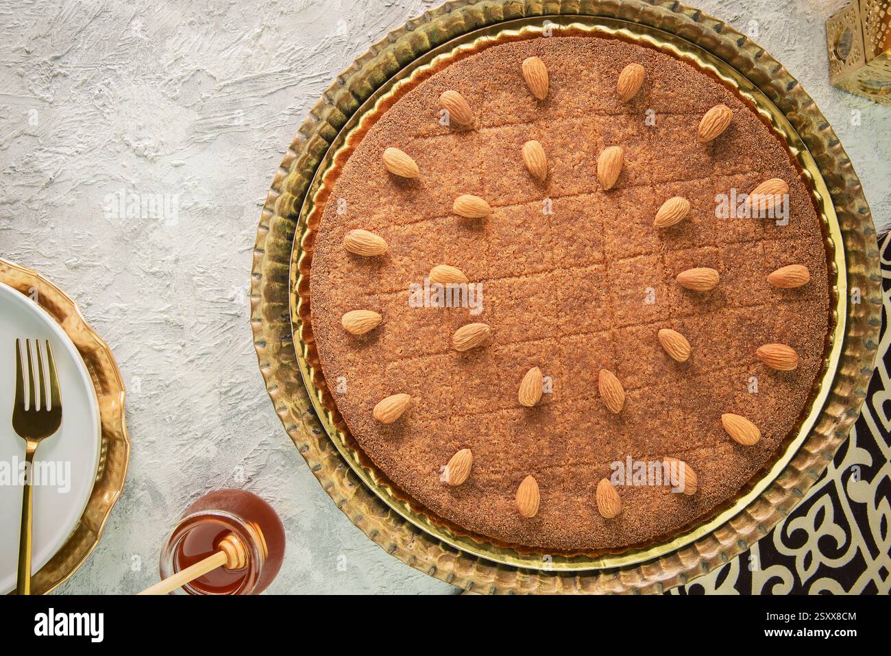 Arabic cuisine; Traditional Arabic dessert "Basbousa". It's a delicious ...