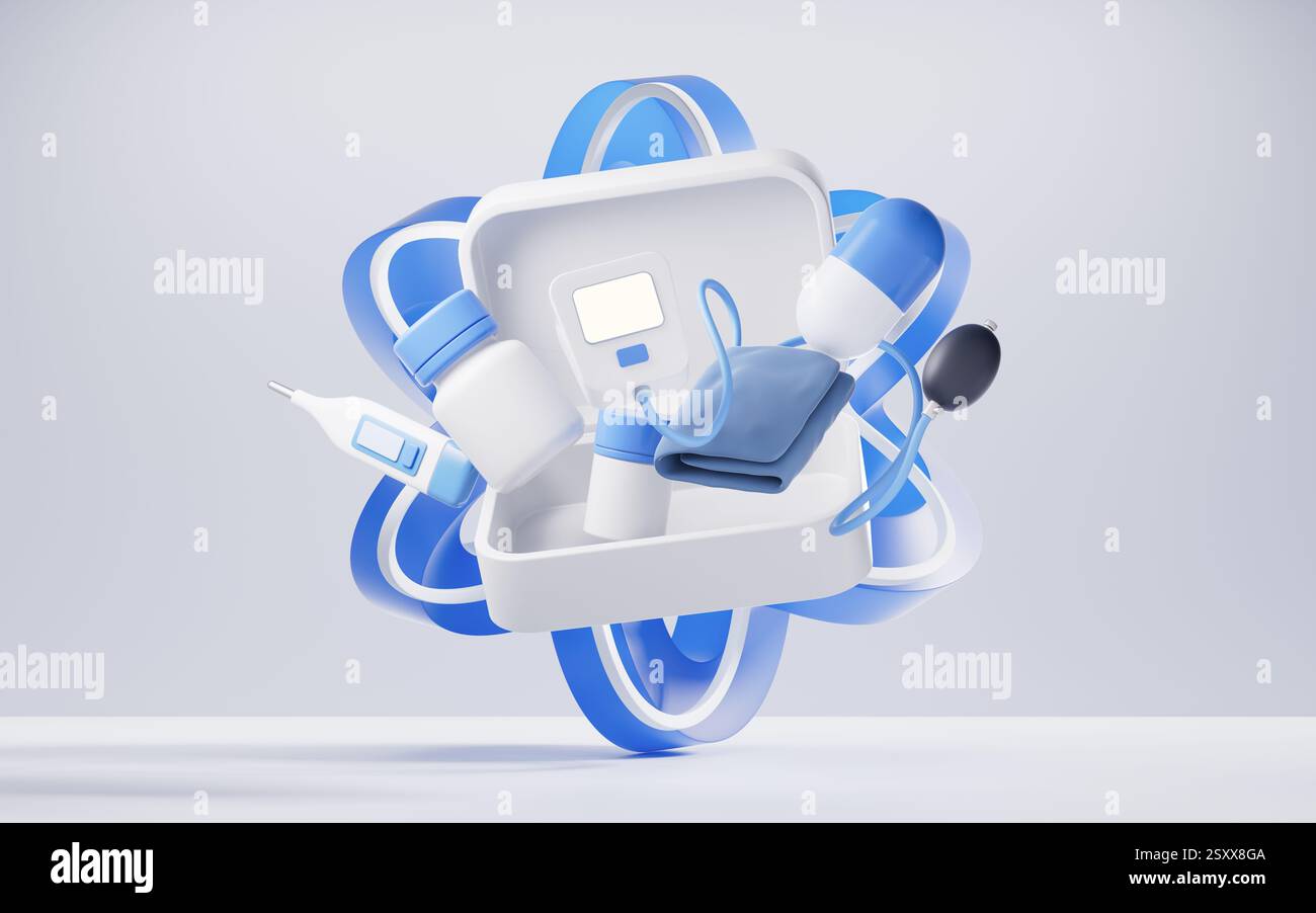 Medical first-aid kit with blue curve frame background, 3d rendering ...