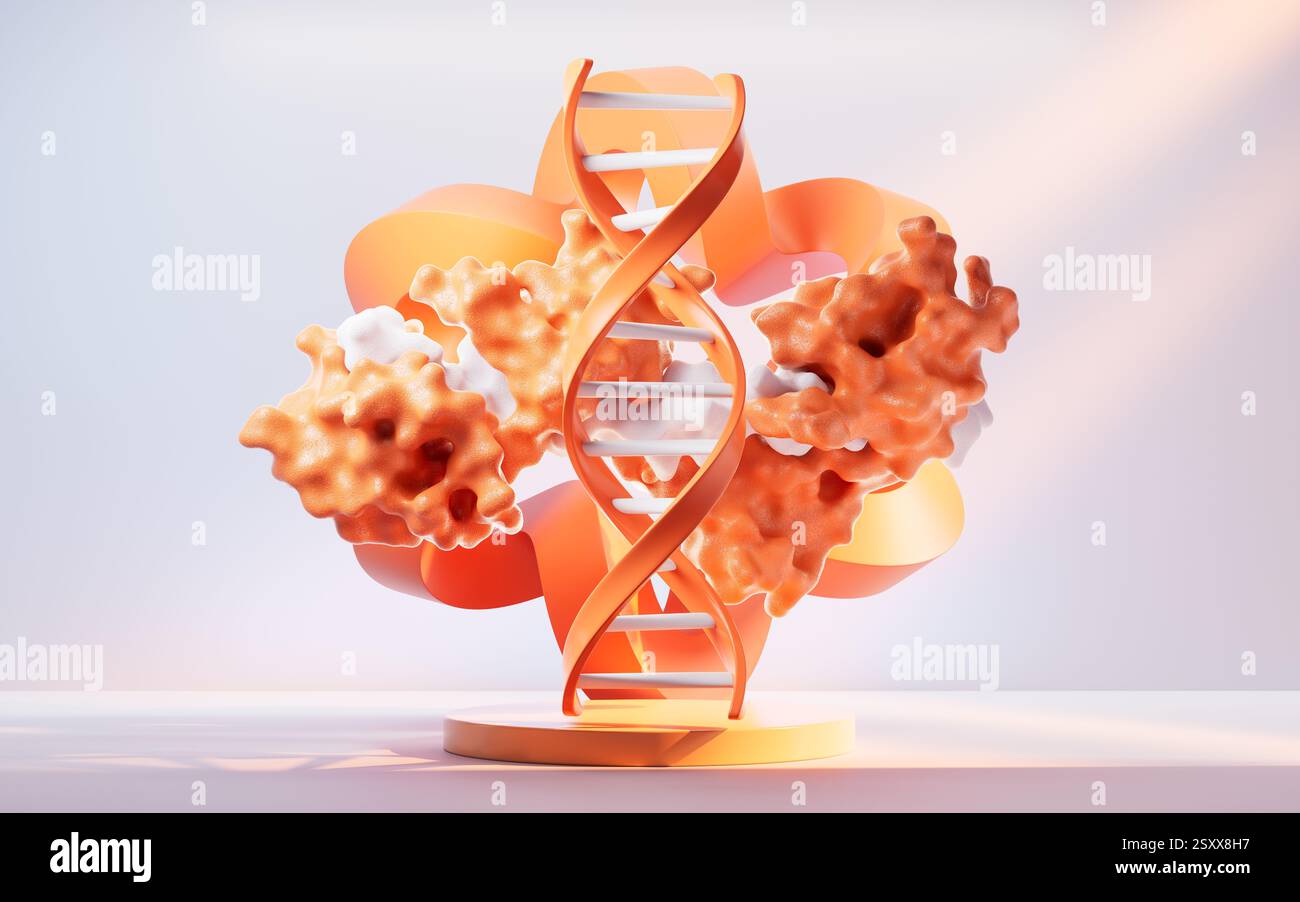 DNA and proteins with orange curve frame background, 3d rendering. 3D ...