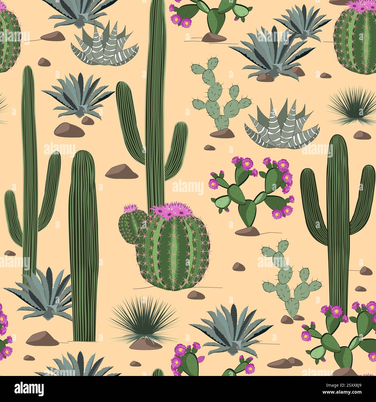 Cactus seamless pattern. Prickly pear, saguaro, and agave. Desert ...