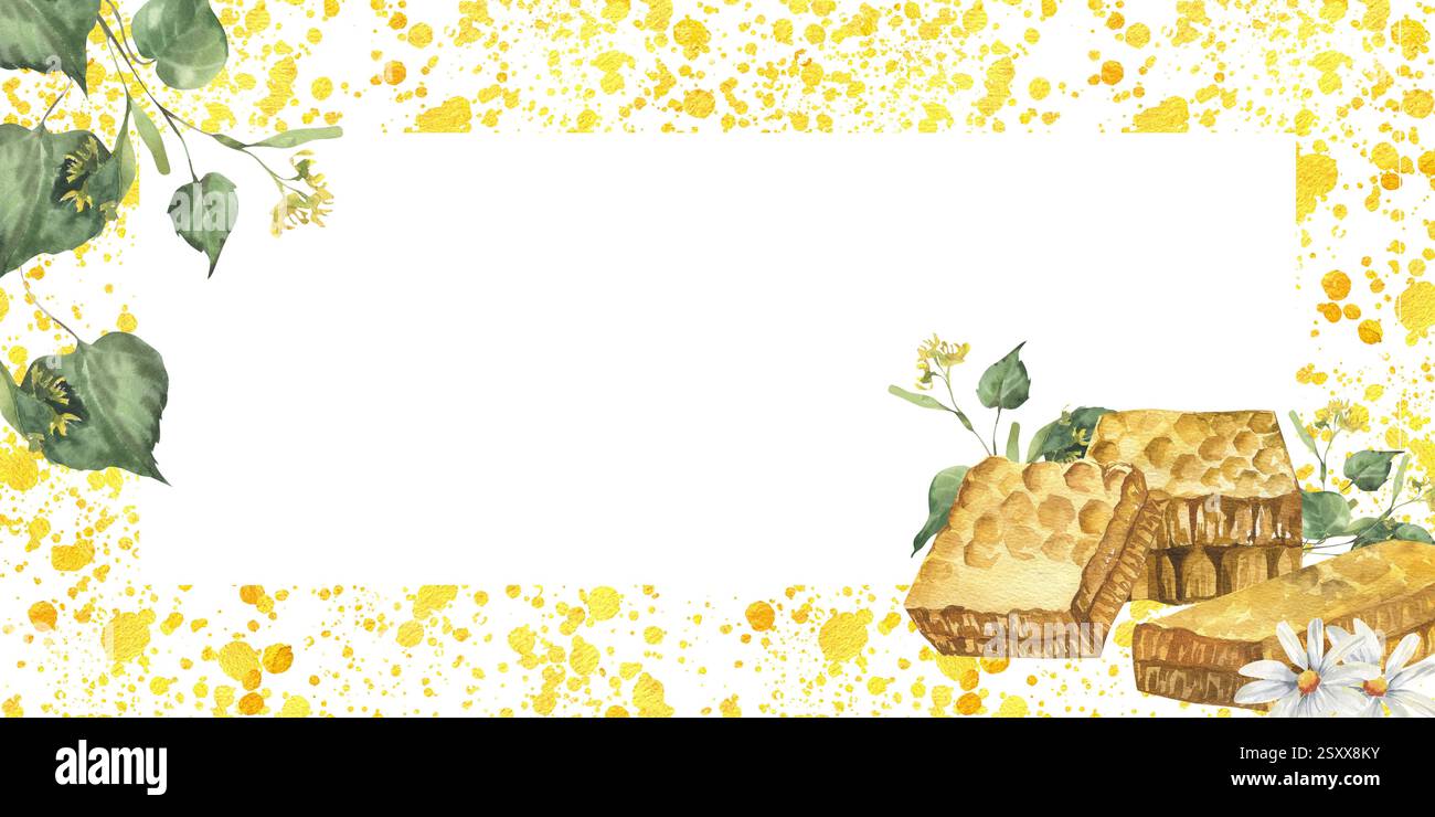 Organic food and ingredient banner template with watercolor honeycombs ...