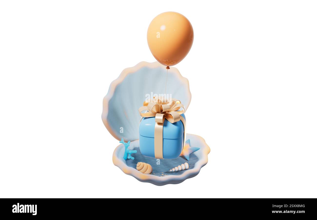 Scallop shell underwater with gift box inside, 3d rendering. 3D ...