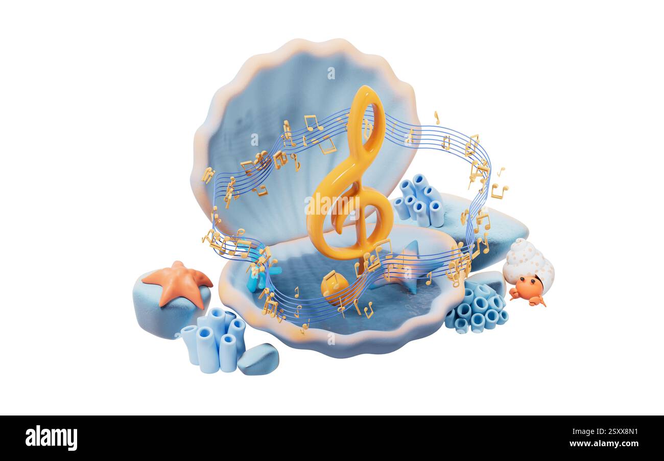 Scallop shell underwater and music notes, 3d rendering. 3D illustration ...
