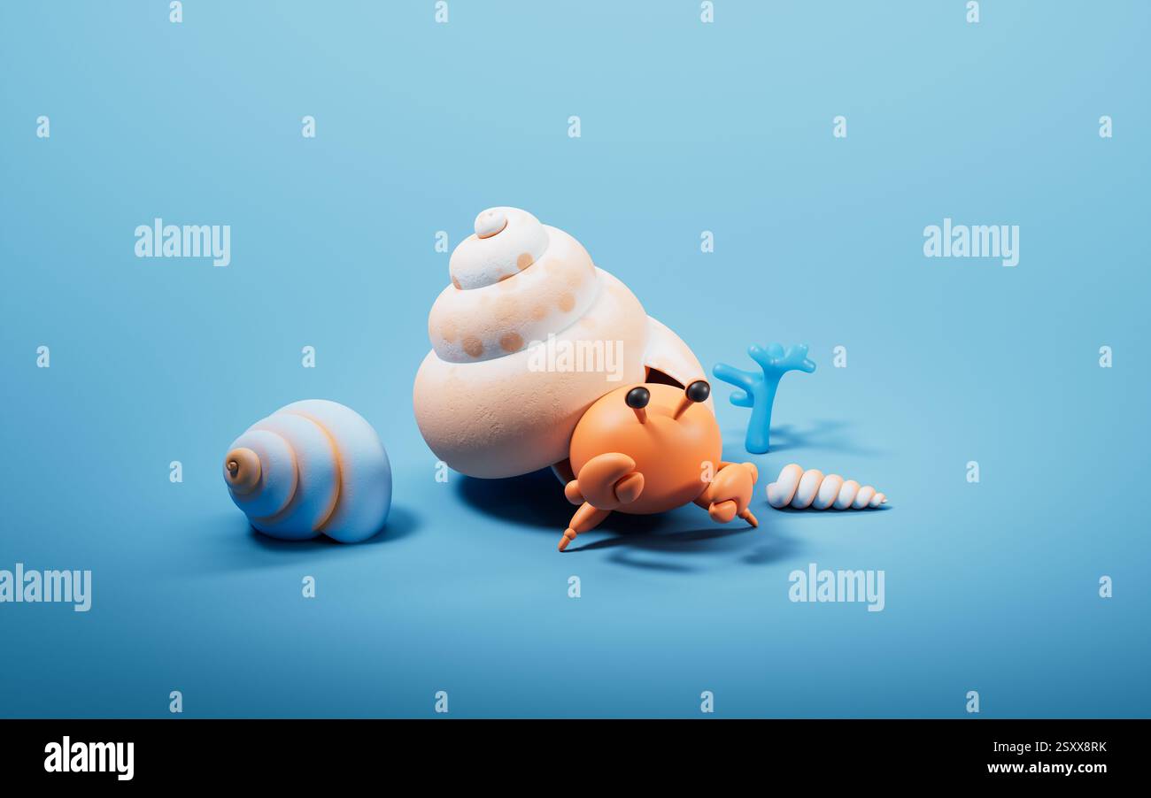 Hermit crab and spiral shell with cartoon style, 3d rendering. 3D ...
