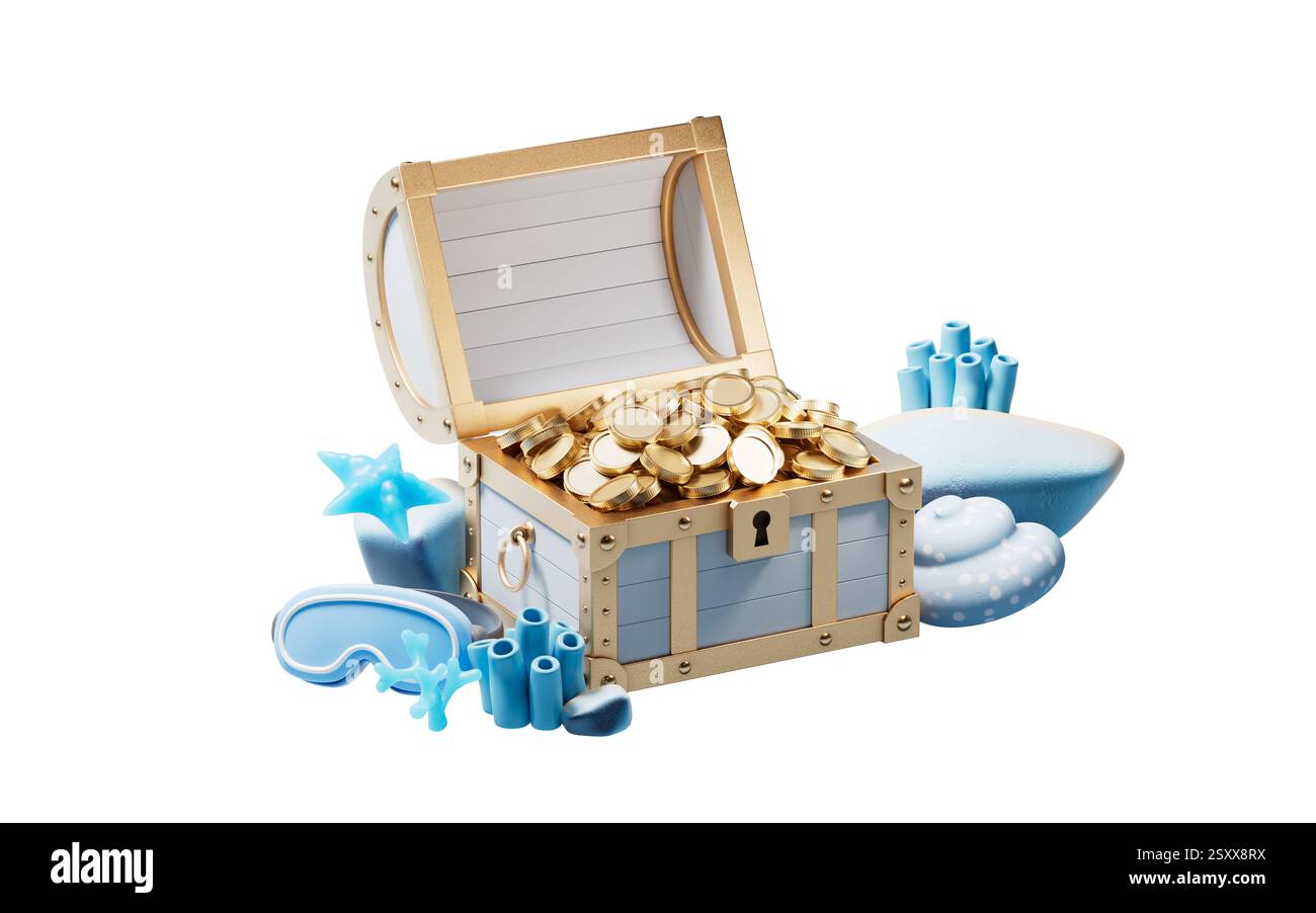 Treasure box underwater with cartoon style, 3d rendering. 3D ...