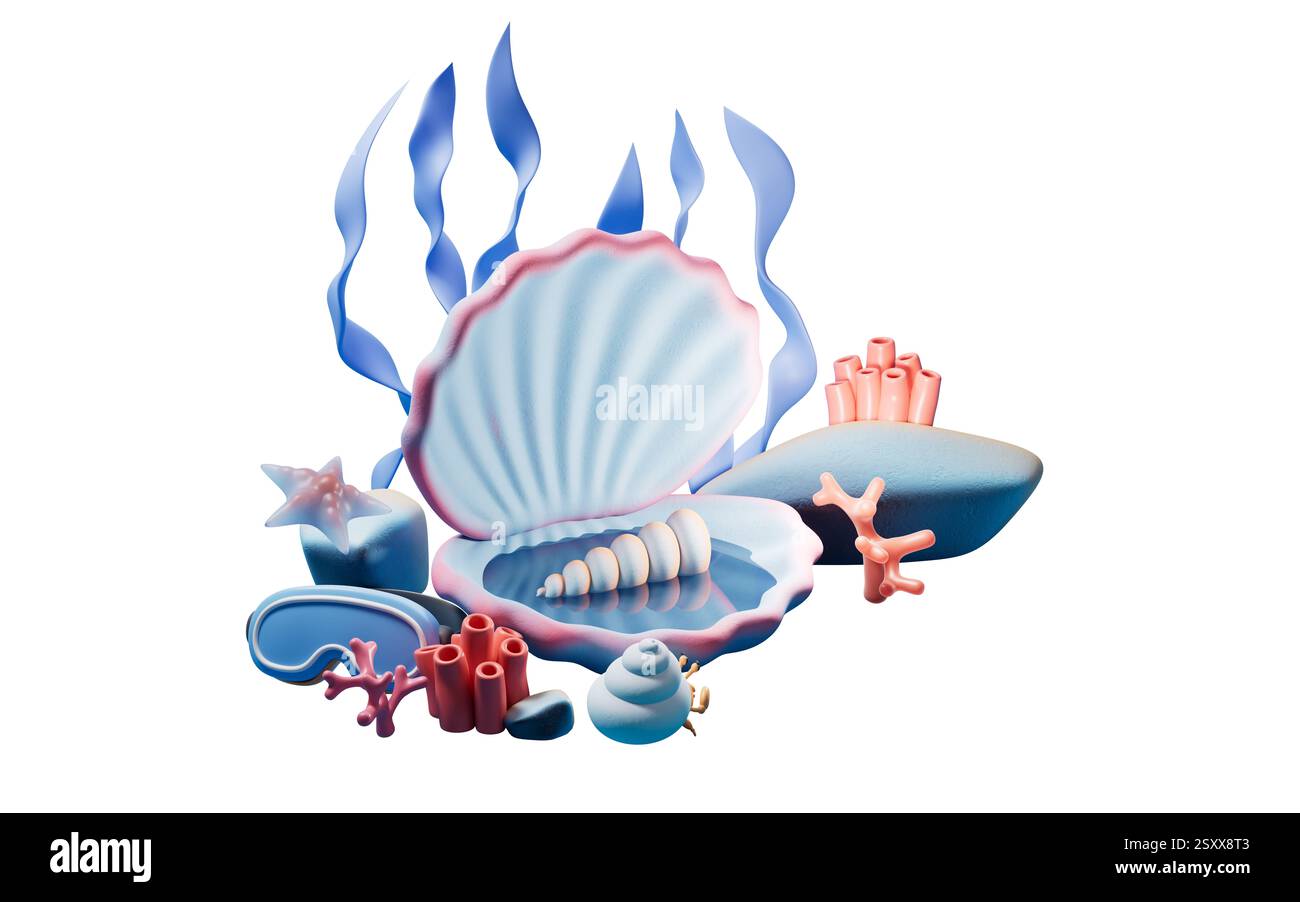 Scallop shell underwater with cartoon style, 3d rendering. 3D ...