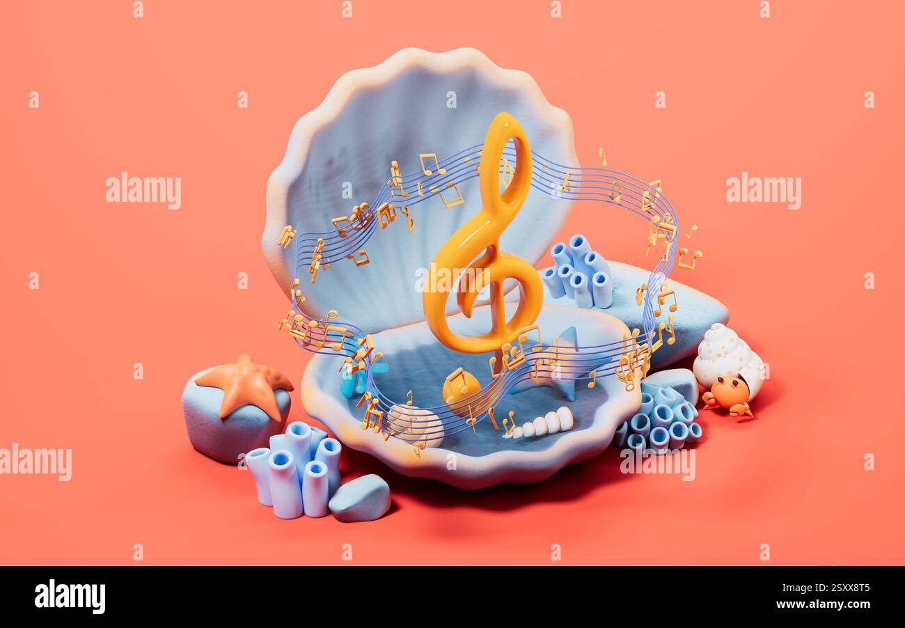 Scallop shell underwater and music notes, 3d rendering. 3D illustration ...