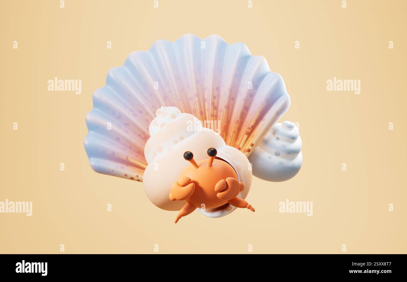 Hermit crab and spiral shell with cartoon style, 3d rendering. 3D ...