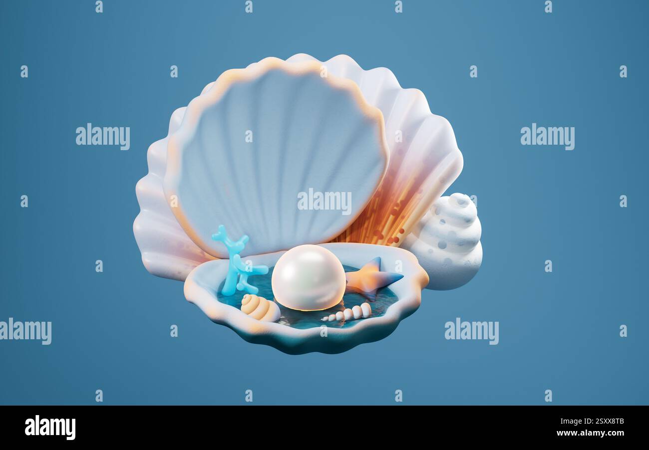 Scallop shell and pearl with cartoon style, 3d rendering. 3D ...