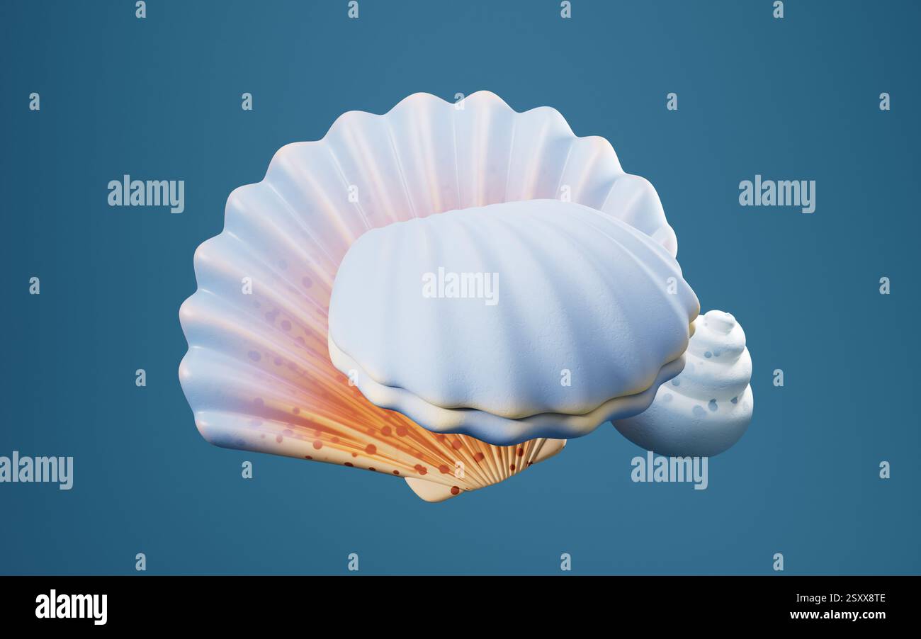 Scallop shell and spiral shell with cartoon style, 3d rendering. 3D ...