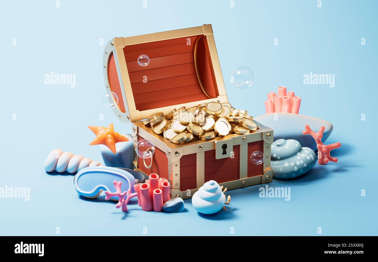 Treasure box underwater with cartoon style, 3d rendering. 3D ...
