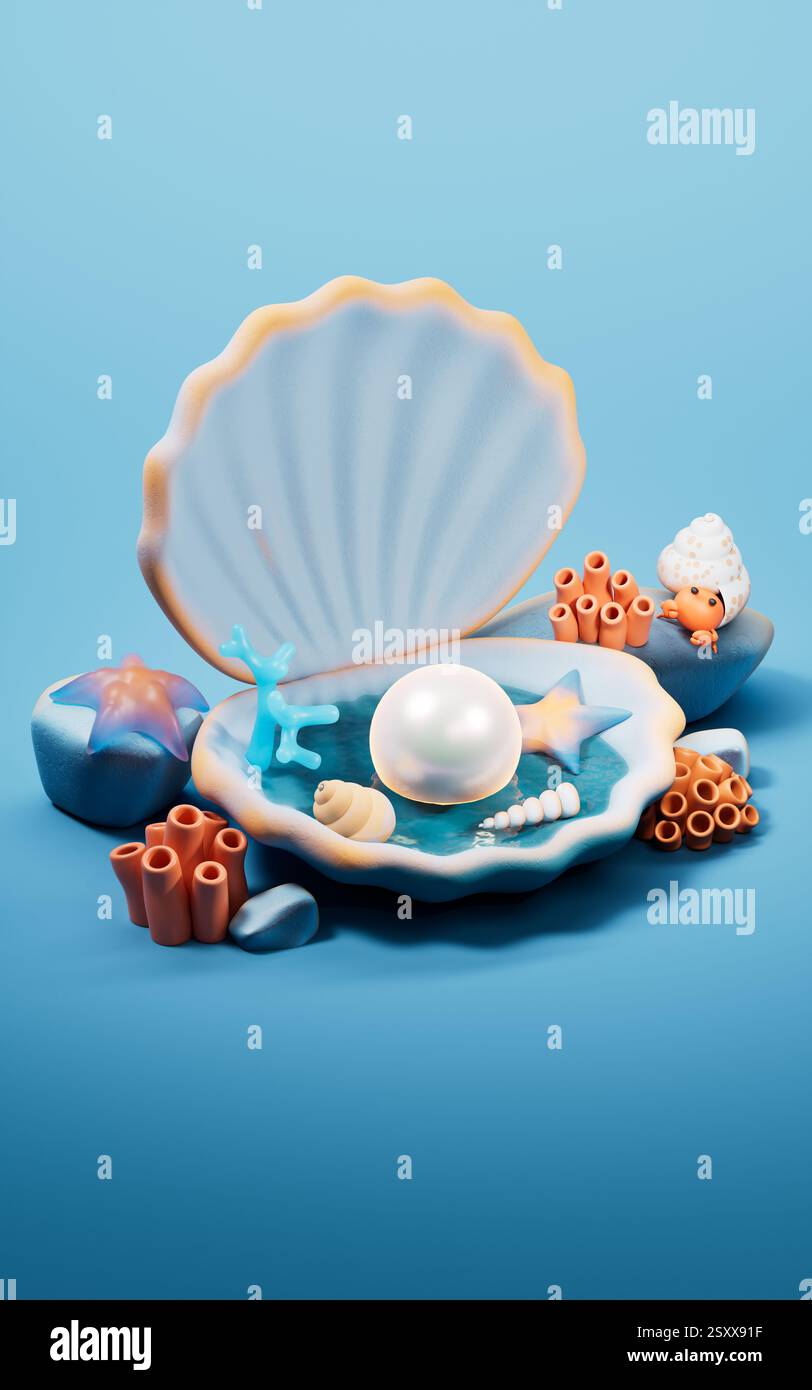 Scallop shell underwater with cartoon style, 3d rendering. 3D ...