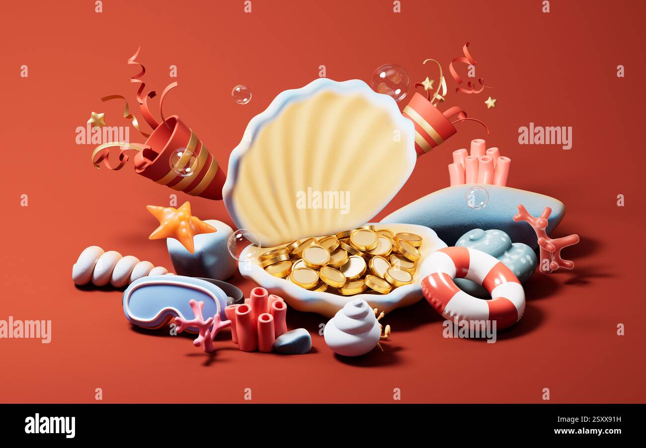 Scallop shell underwater with cartoon style, 3d rendering. 3D ...