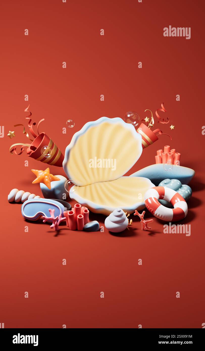 Scallop shell underwater with cartoon style, 3d rendering. 3D ...