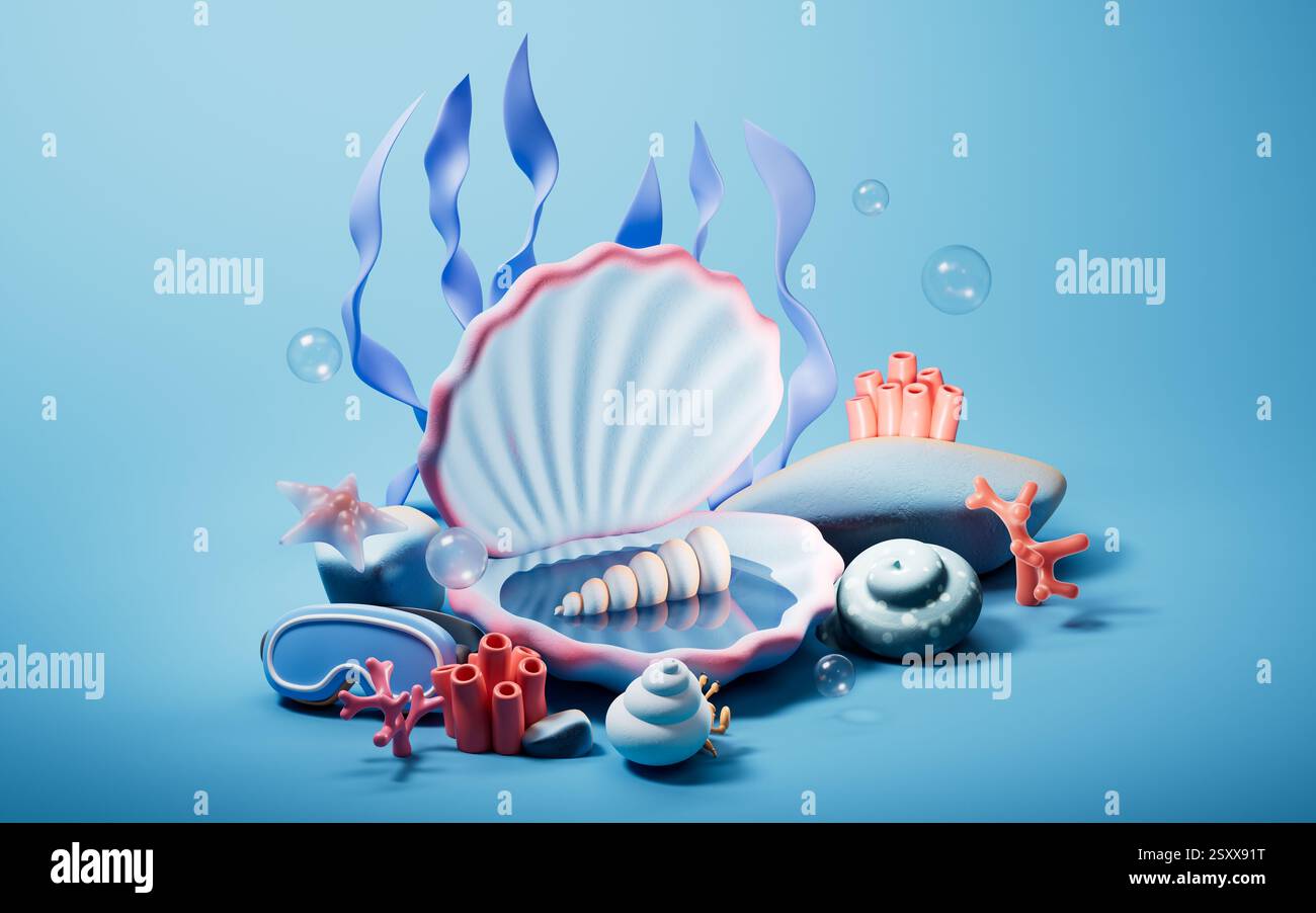 Scallop shell underwater with cartoon style, 3d rendering. 3D ...