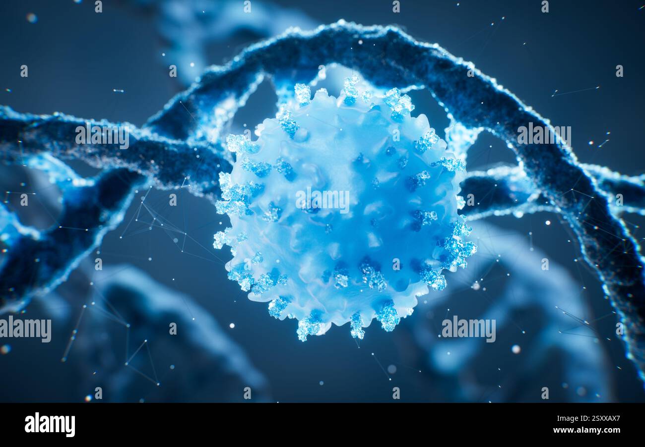 Blue cell with biological DNA background, 3d rendering. 3D illustration ...