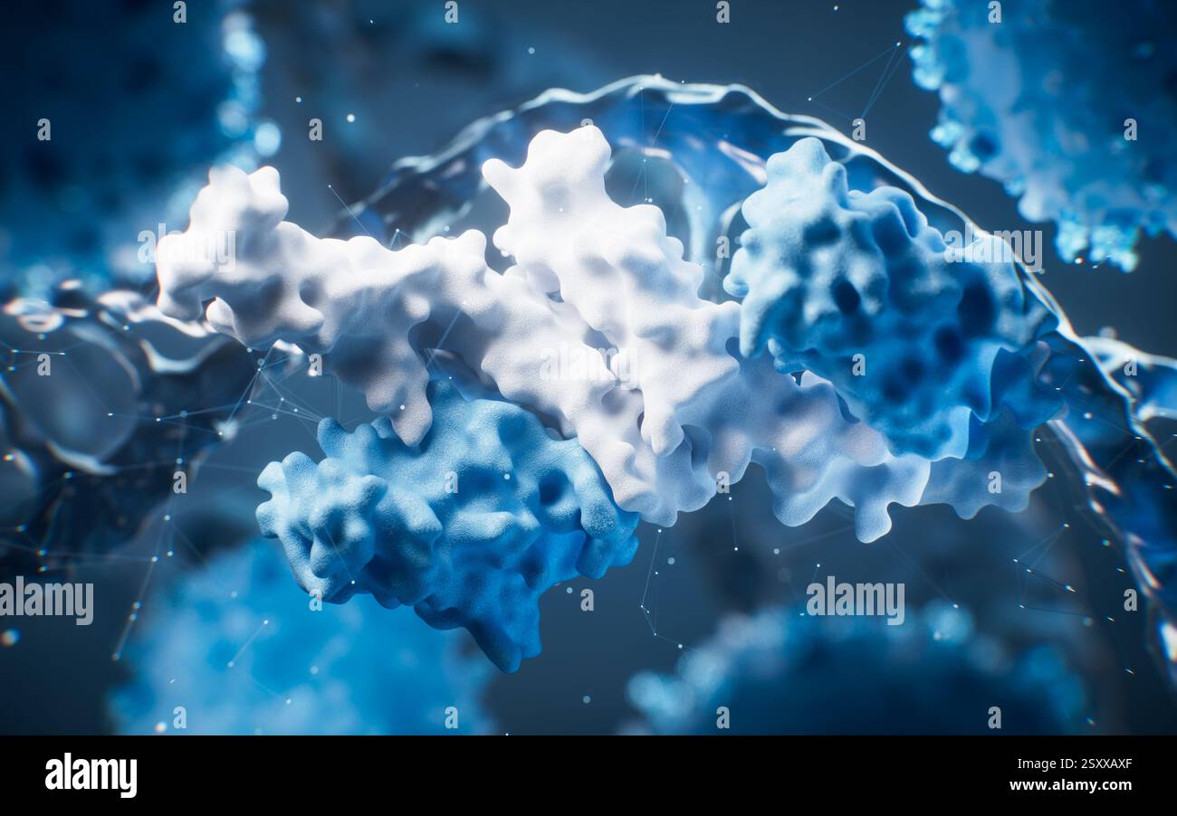 Proteins with biological DNA background, 3d rendering. 3D illustration ...