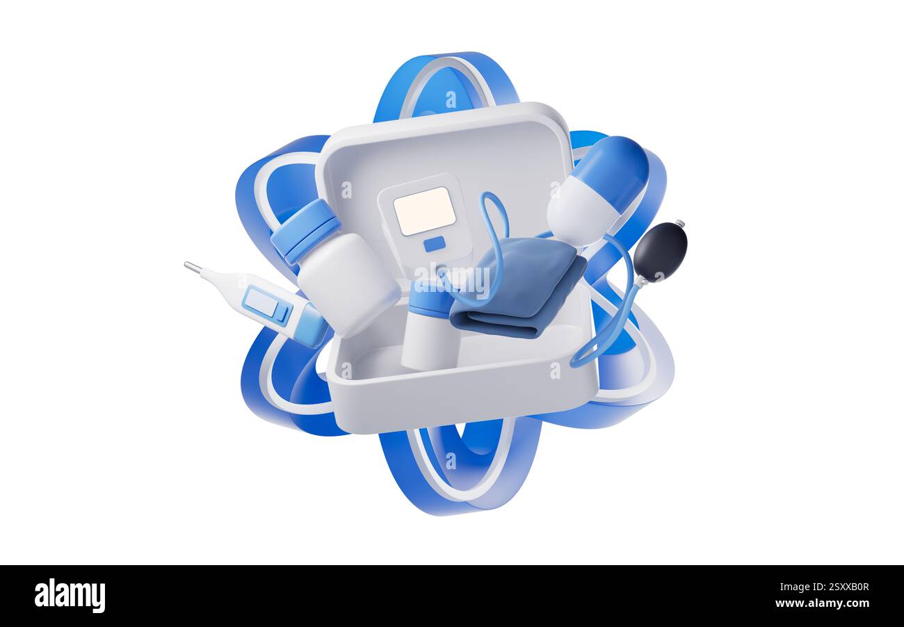 Medical first-aid kit with blue curve frame background, 3d rendering ...