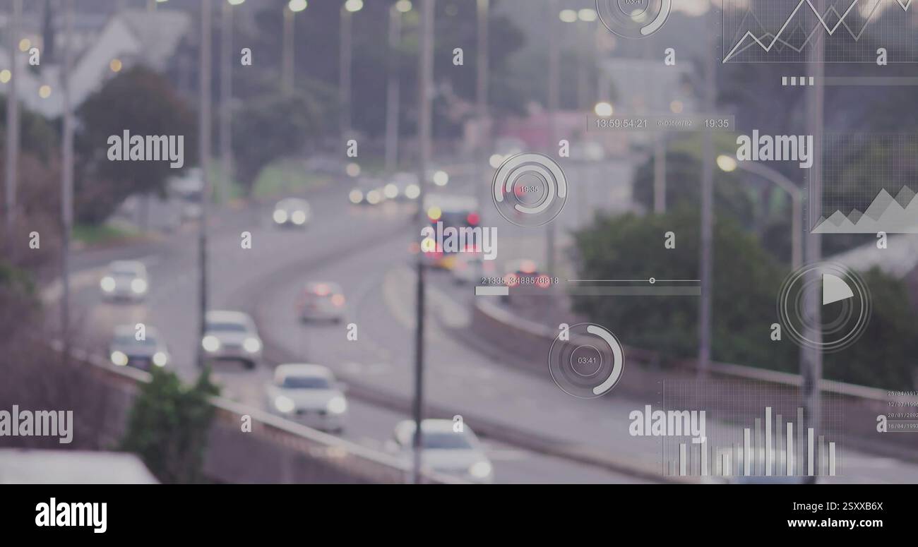 Traffic data visualization image over busy highway with moving cars ...