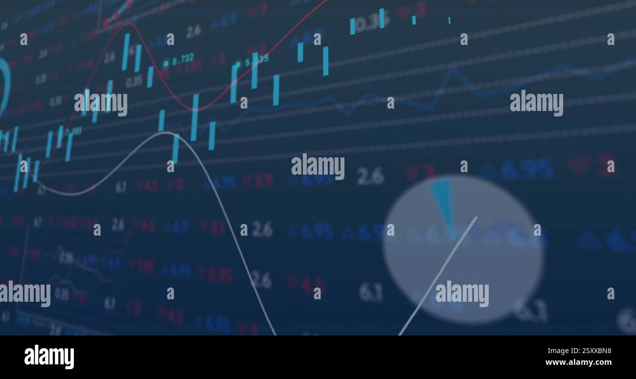 Image of stock market and diagram over blue background Stock Photo - Alamy