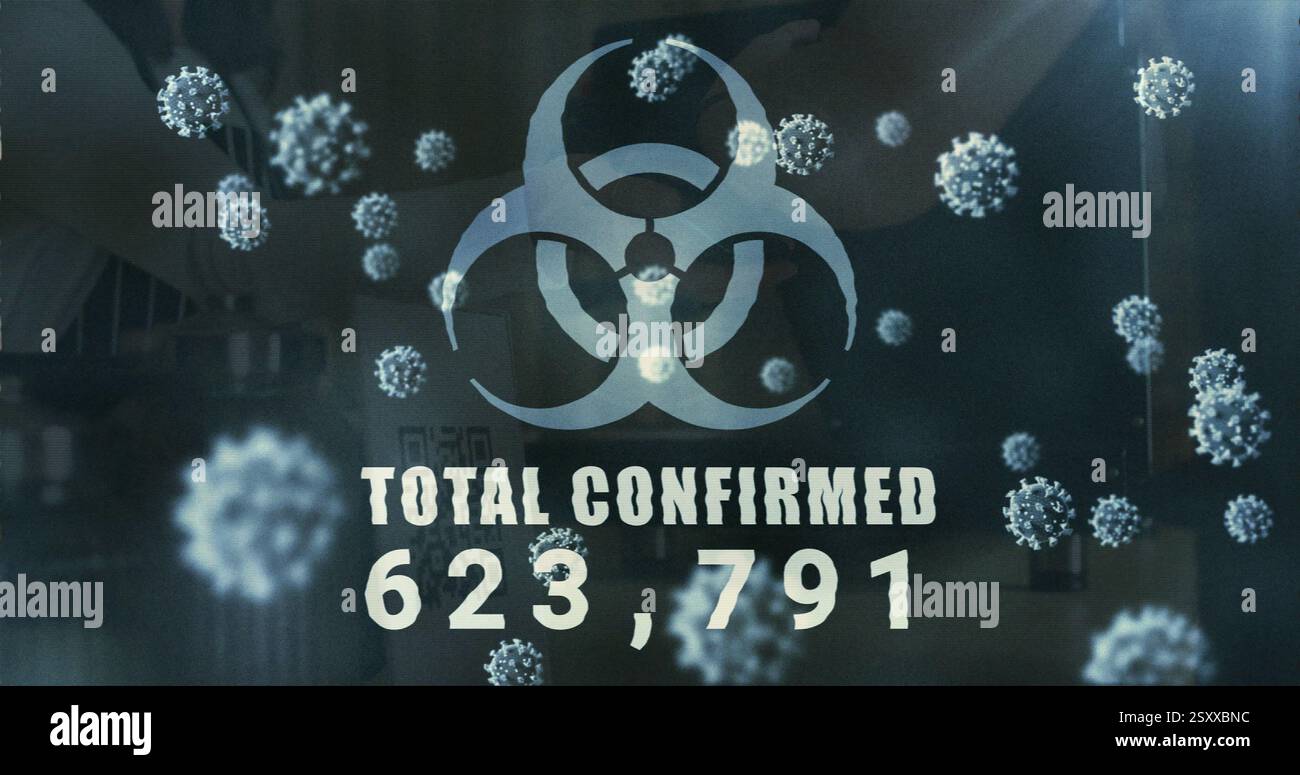 Image of biohazard symbol with total confirmed number and virus cells ...