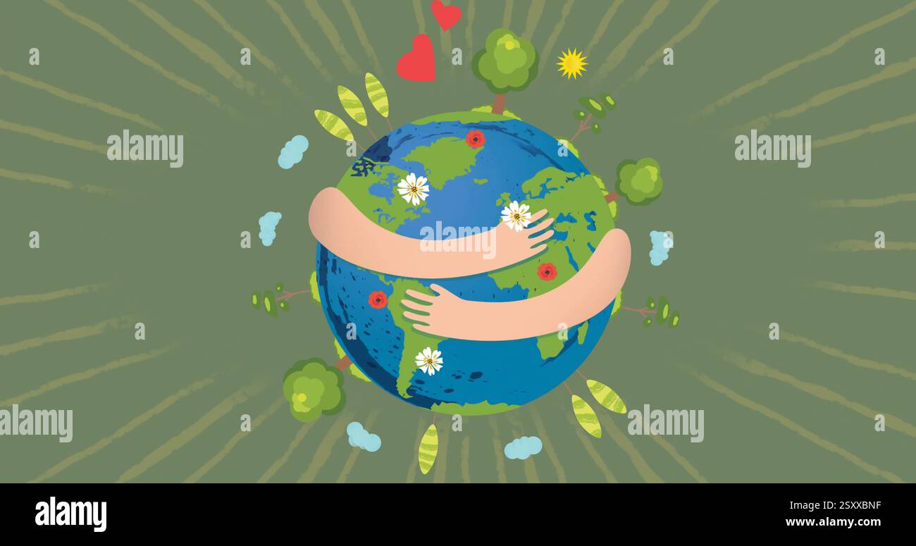 Arms hugging Earth image with hearts, trees, and flowers Stock Photo ...