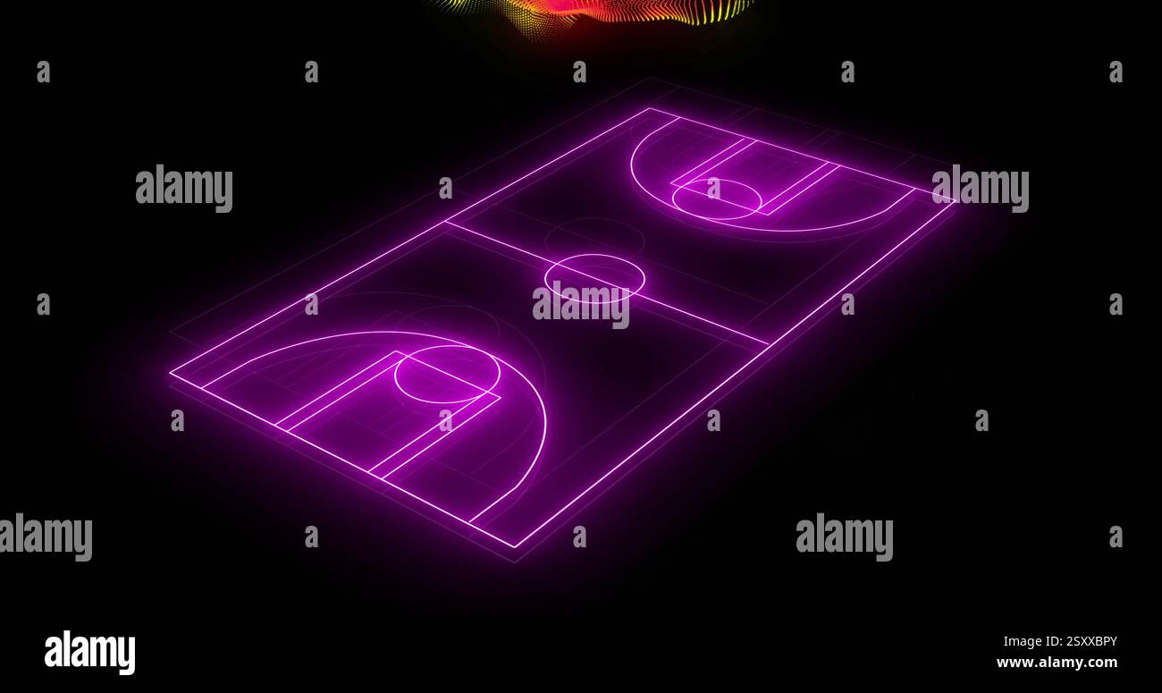 Image of yellow and red particle wave over purple neon basketball court ...