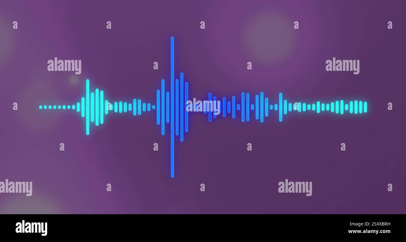 Image of glowing blue line audio level meter over bokeh light spots on ...