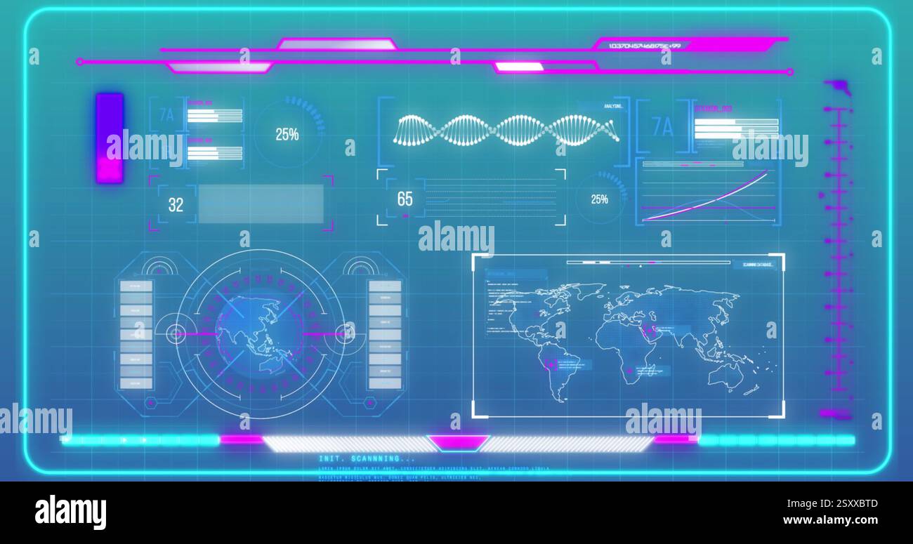 Image of globe, world map and charts processing data on interface with blue background Stock ...
