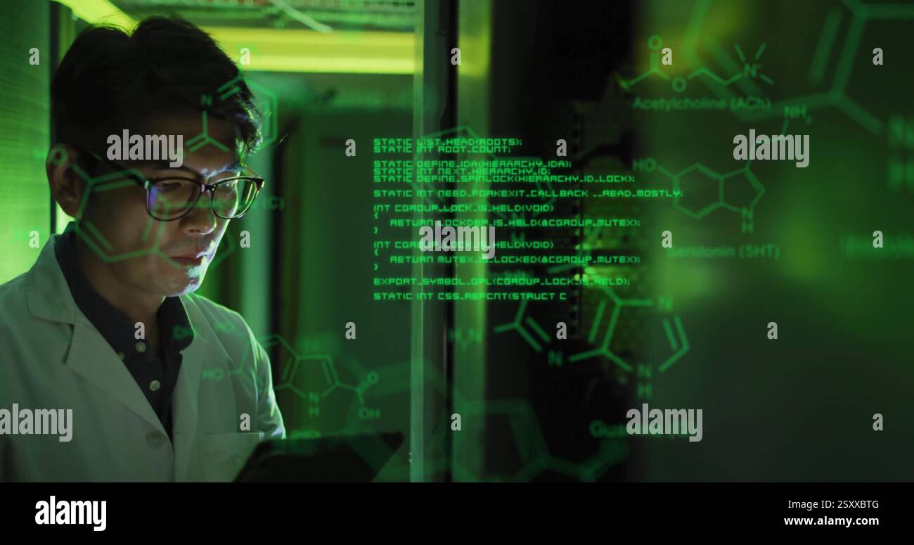 Image of element diagram and data processing over asian male technician working in server room ...