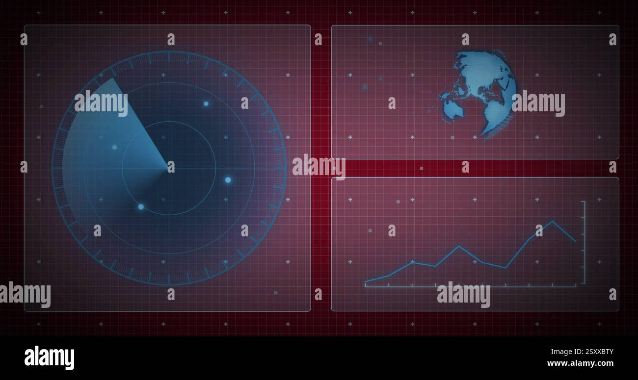Image of diagrams, scanner and globe on red background Stock Photo - Alamy