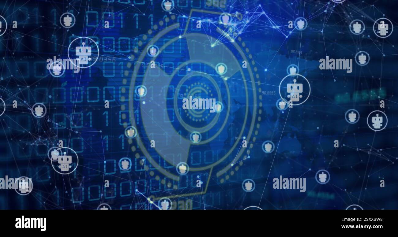 Image of network of connections with robot icons over scope scanning and world map Stock Photo ...