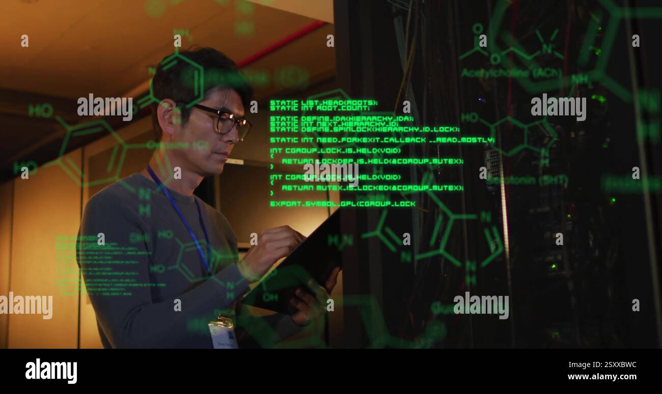 Image of element diagrams and data processing over asian male technician working in server room ...