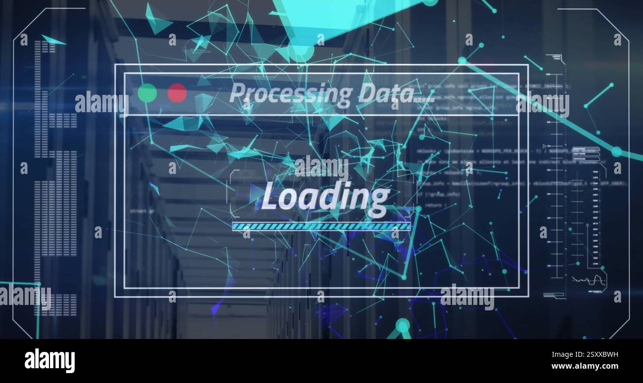 Image of data processing and loading bar with shapes over server room ...