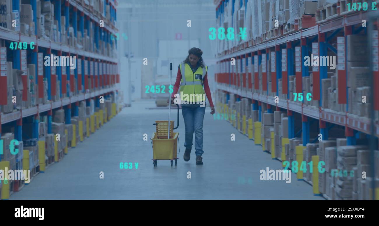 Image of digital data processing over biracial woman working in ...